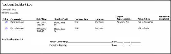 Resident Incident Log Report